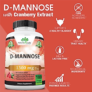 D-Mannose 1,300 mg with Cranberry Extract Fast-Acting, Flush Impurities, Natural Urinary Tract Health- 100 Veggie Capsules