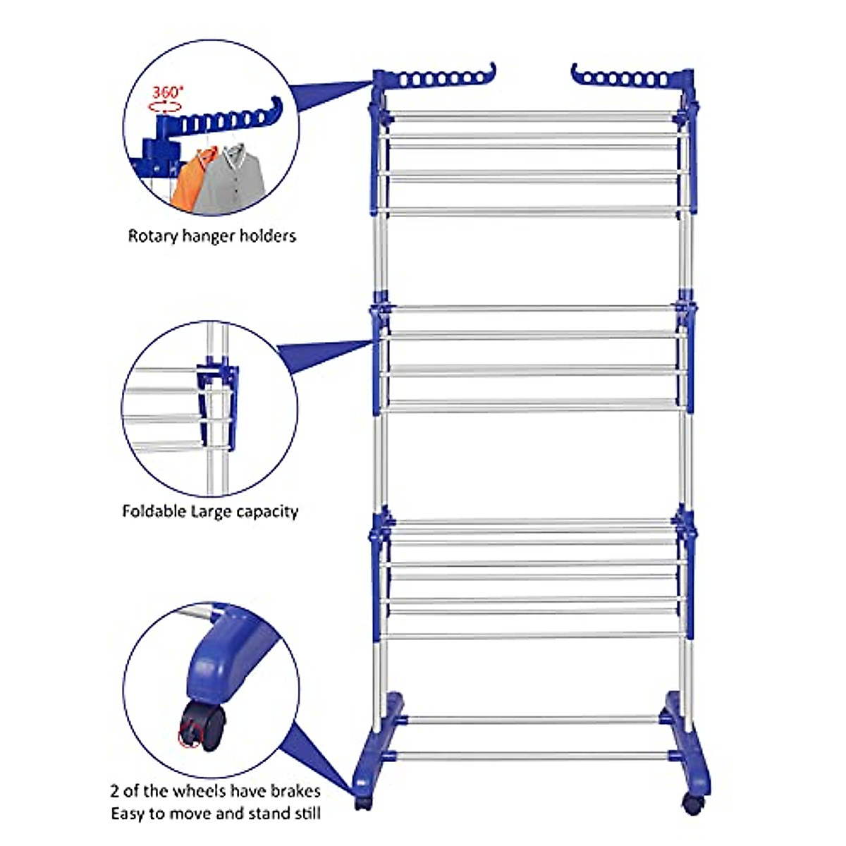 innotic Clothes Drying Rack, Stainless Steel Oversized 4-Tier Collapsible Rolling Drying Rack Clothing Folding Laundry Drying Rack Stand Indoor/Outdoor with Side Wings and Casters Gray Blue
