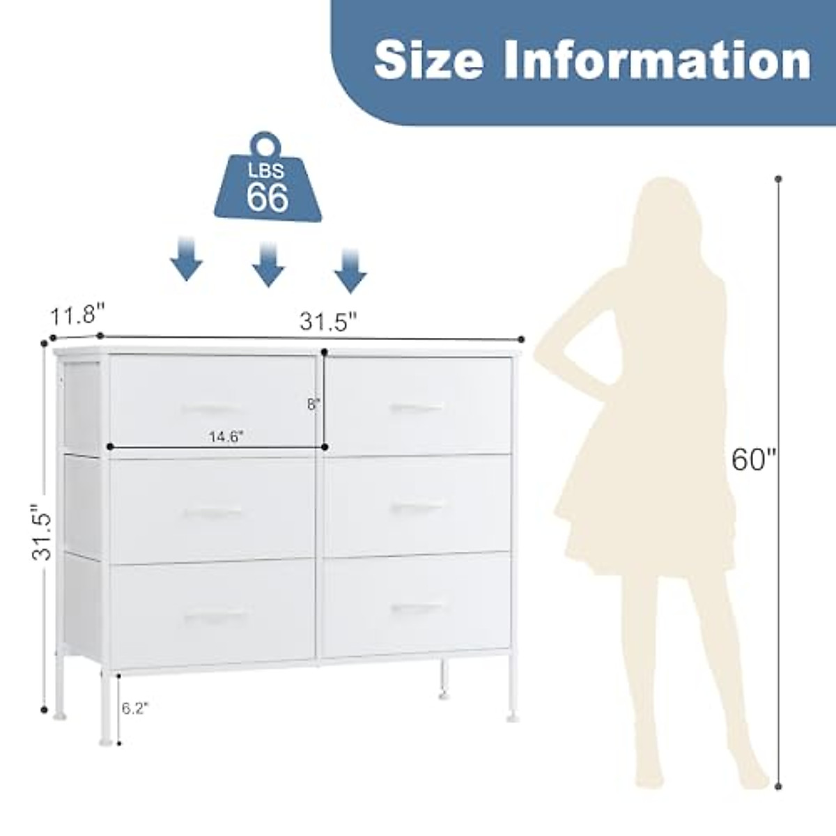 DUMOS Dresser for Bedroom with 6 Drawers, Clothes Drawer Fabric Closet Organizer, Cloth Dresser with Metal Frame and Wood Tabletop Chest Storage Tower for Kids Room, Nursery, Living Room, Entryway