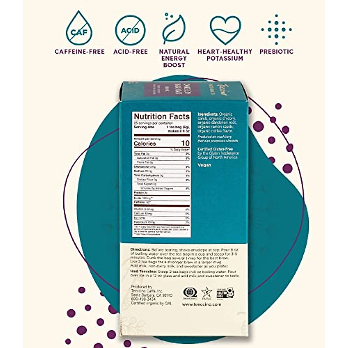 Teeccino Dark Roast Dandelion Tea - Rich & Roasted Herbal Tea That’s Caffeine Free & Prebiotic with Detoxifying Dandelion Root, 25 Tea Bags (Pack of 3)