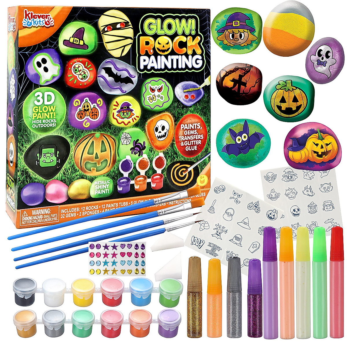 Klever Kits Halloween Rock Painting Kit for Kids, Glow in The Dark Rock Painting with Paint Tubs, Creativity Arts Crafts DIY Supplies Kit for Halloween, Kids Painting Gifts, Family Activity