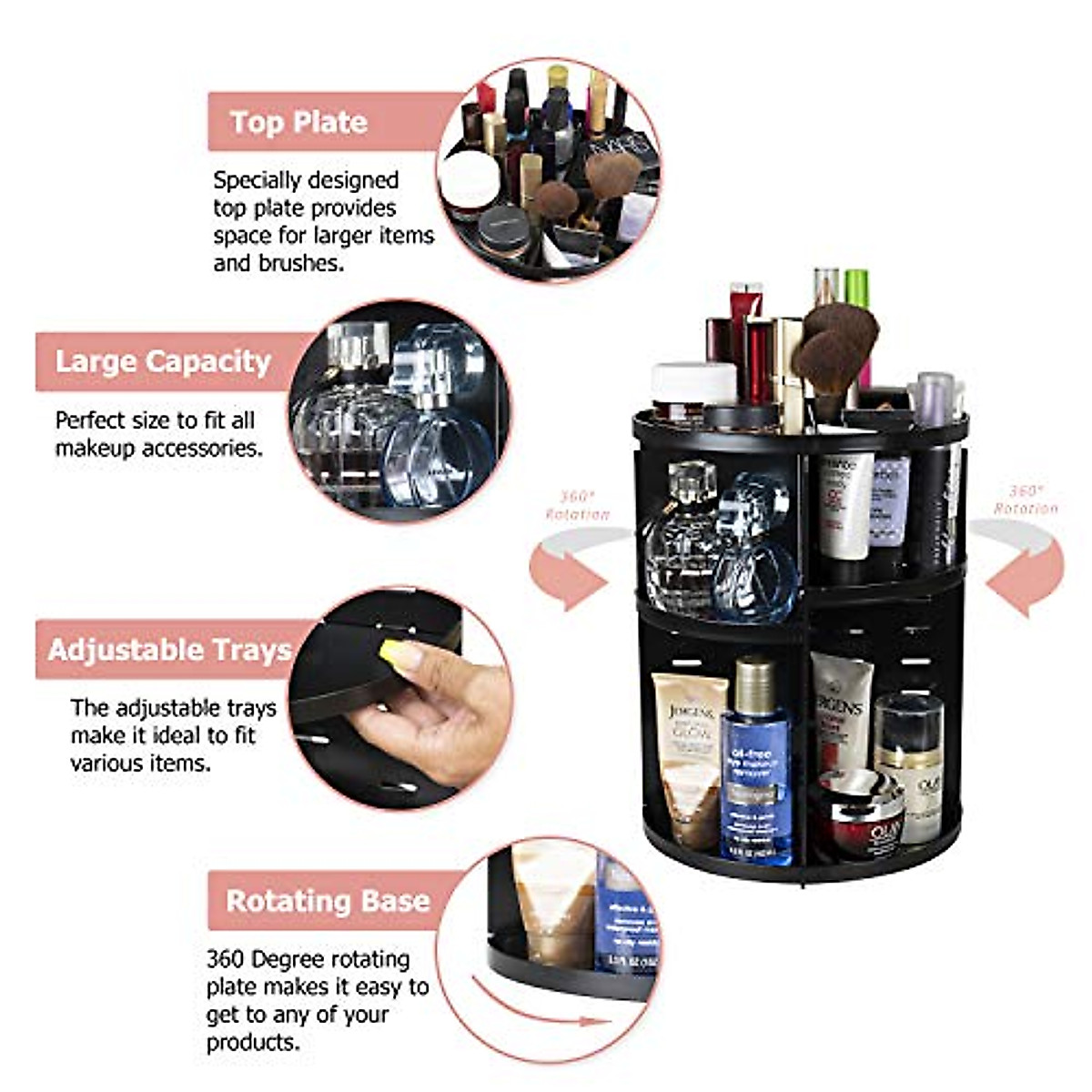 360 Rotating Makeup Organizer, DIY Adjustable Cosmetics Carousel Spinning Holder Storage Rack, Large Capacity, Eliminates Bathroom Countertop Clutter, Black, Luxx Chicc (Black)