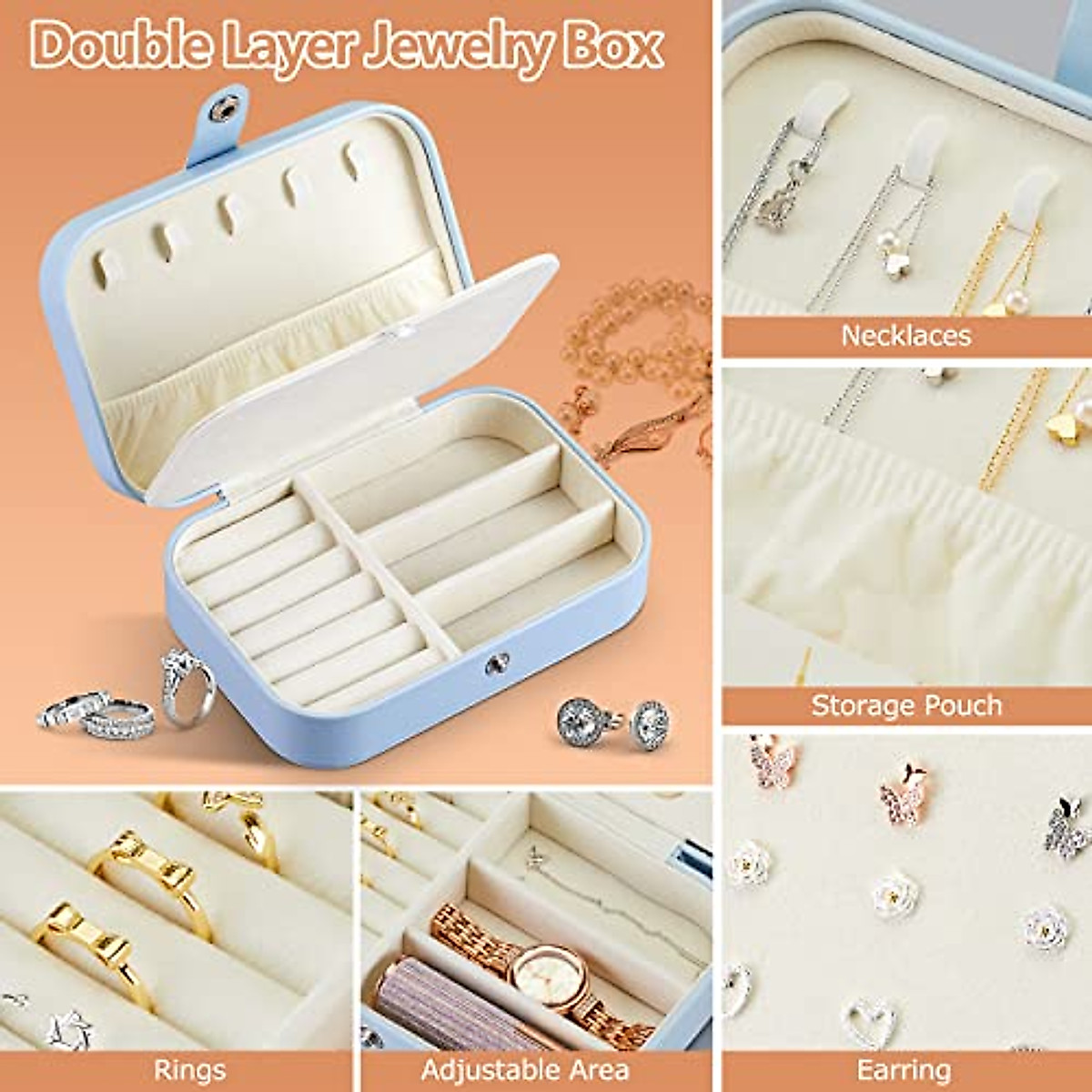 INSFIT Jewelry Box, Pu Leather Travel Jewelry Storage Case Mini Jewelry case Double Layer Small Jewelry Box for Women Girls Gift/Blue