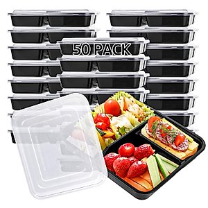 50 PACK, 32 oz. Meal Prep 3 Compartment Containers, Extra Large & Thick Food Storage Containers with Lids - BPA Free Stackable Microwavable & Dishwasher Safe, Travel, To Go, Bento Box, Black