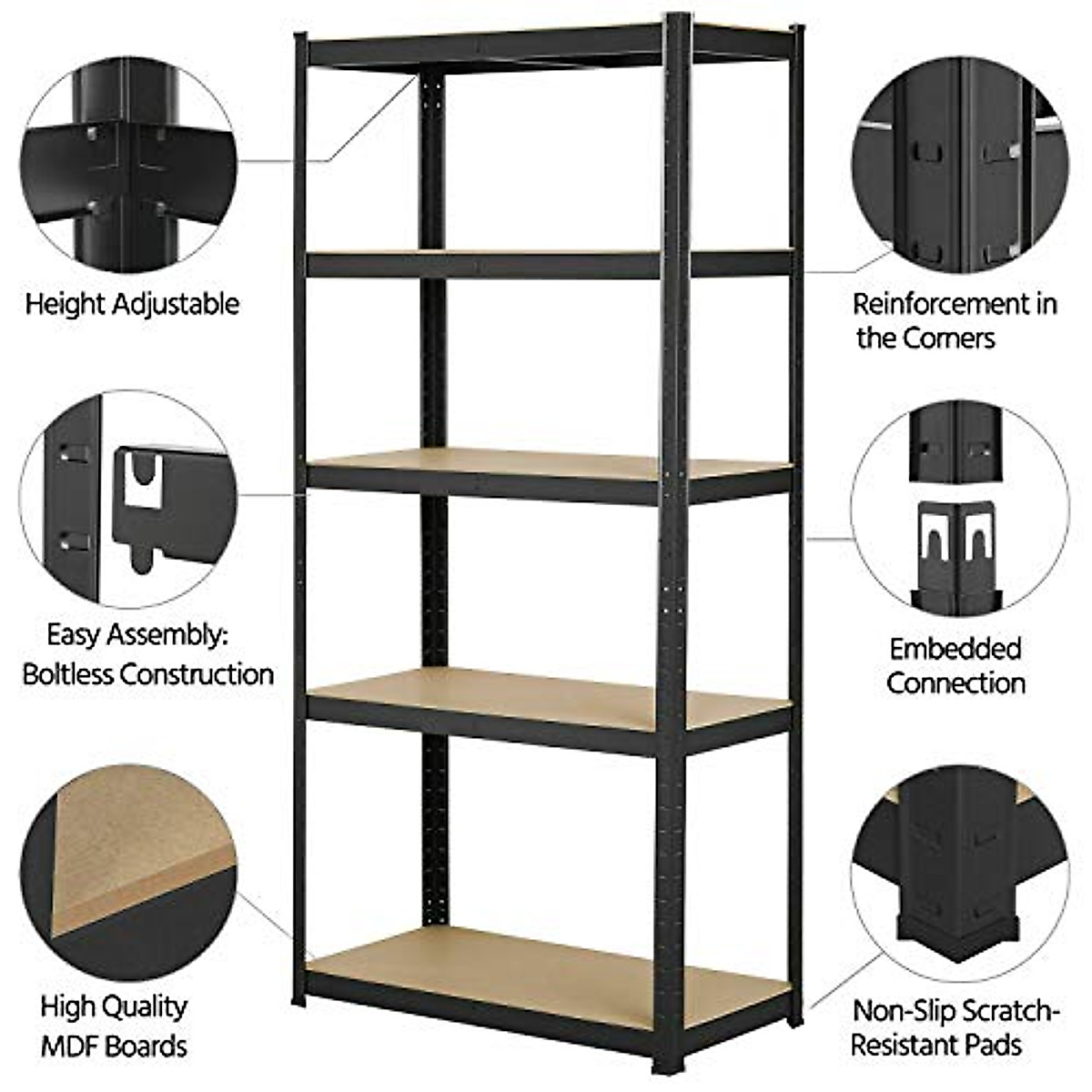 Metal Storage Rack 4-Tier Adjustable Shelves, Black Steel Garage Storage Shelves 2000lbs Total Capacity, 63" Height x 31" Width x 16" Depth
