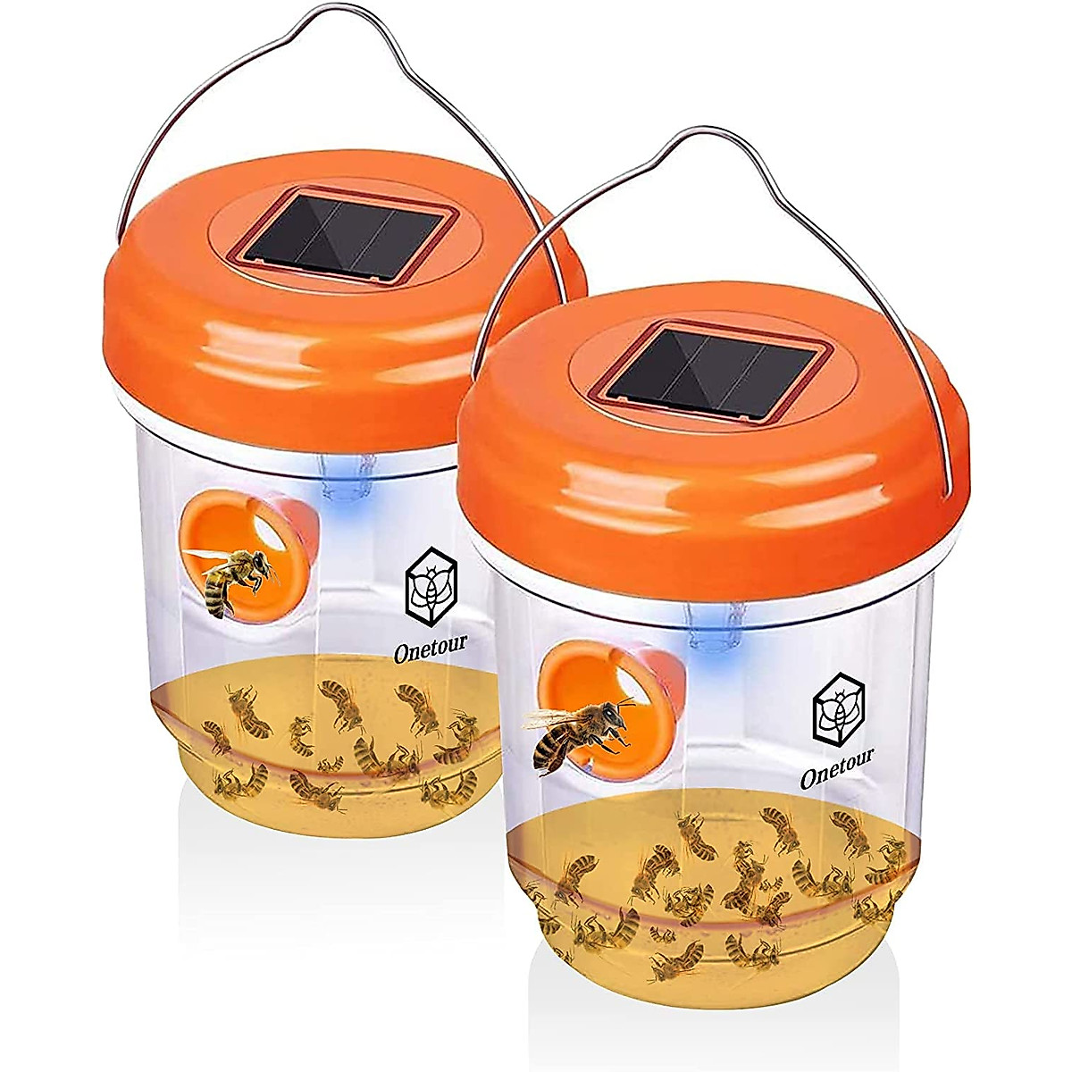 Wasp Traps for Hunting Wasps, Bees, Hornets, Insects, Yellow Jacket Traps, Wasp Trap Catcher, Reusable Solar Powered Hanging for Outdoor, 2 Packs (Orange)