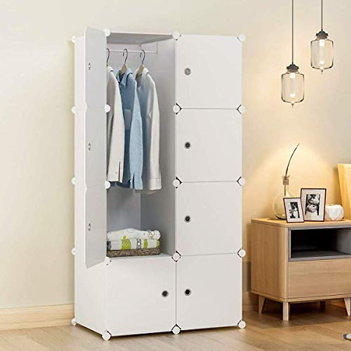 KOUSI Portable Wardrobe Closets 14"x18" Depth Cube Storage, Bedroom Armoire, Storage Organizer with Doors, 5 Cubes + 1 Hanger, White
