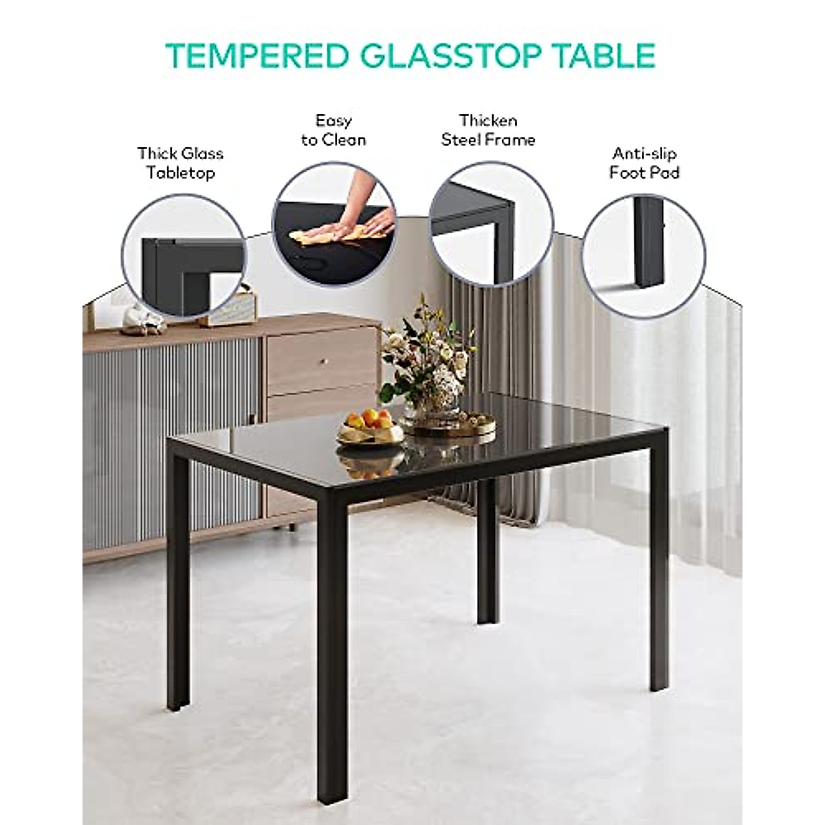 Bealife Kitchen Dining Table Set for 6, Tempered Glass 7 Piece Table and Chairs Set Modern for Home, Kitchen, Living Room, Dining Room,Black