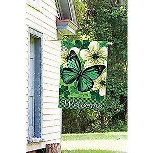 Morigins Welcome Clover Butterfly House Flag Decorative St.Patrick's Day Double Sided Flag 28 X 40 Inch