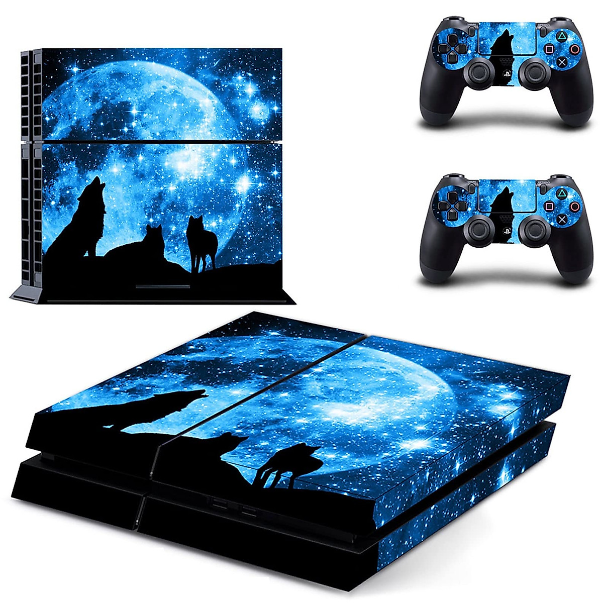 ZOOMHITSKINS Compatible for PS 4, Black Wolf Sky Moon Blue Devour Stars Night Animal Lone Howl, Durable & Fit Vinyl, Made in The USA