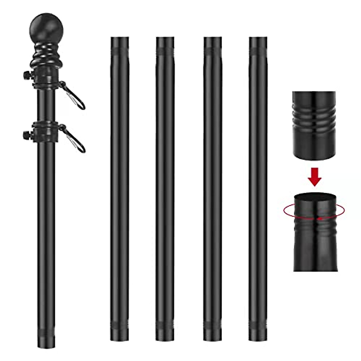 House Flag Pole, 6FT Black Flag Pole Kit - Flag Pole for Outside House, Wall Mount Tangle Free Flag Pole with Stand for Home Truck, Garden Yard Residential or Commercial