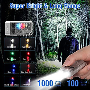 BORUIT V10 Small Powerful Flashlight with 365nm UV Black Light - Super Bright 1000 LM, USB C Rechargeable LED Keychain Flash Light with COB Side Light, Magnet Buzzer- 12 Modes, IPX4 Pocket Flashlight