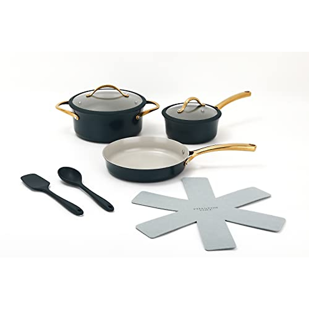 PHANTOM CHEF 8 Piece Luxe Cookware Set | Non-Stick Ceramic Coating | Oven & Dishwasher Safe | PFOA-Free | Aluminum Pots & Pans Set with Glass Lids | Induction Stovetop Compatible (Navy)