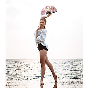 Bohemian Lotus Zen UV Glow Folding Hand Fan Boho Mandala Fan Trippy Yoga Fans Iridescent Hippie Theme Fan for Men and Women Chinese Bamboo Fan for Parties and Events