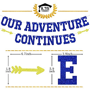 Our Adventure Continues Banner, Let the Adventure Begin Bunting Garlands, Travel Themed/Wedding/Graduation/Retirement Party Decorations Supplies, Blue Glitter