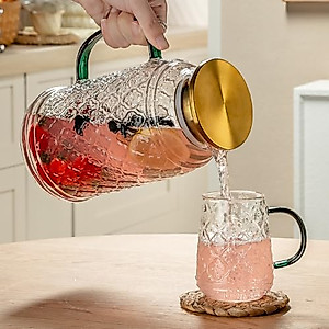 Buaic Glass Pitcher with Lid,50 oz/1.5L Liter Vintage Water Pitcher, Clear Borosilicate Glass Water Carafe for Cold Brew, Coffee, Lemonade, Iced Tea, Juice, Beverage, Heat Resistant Water Glass Jug