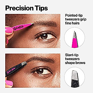 Revlon x Barbie Mini Tweezer Set, Stainless Steel Hair Removal Makeup Tool, includes Slant Tip & Pointed Tip Tweezers in Travel Case