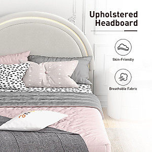 Bonzy Home Full Size Bed Frame with Round Headboard, Full Bed Frame for Girls with Lights, Princess Platform Bed Frame with 4 Storage Drawers, Wooden Slats Support, No Box Spring Needed