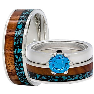 Men`s & Women`s 3 pc Natural Koa Wood Turquoise Blue CZ Stainless Steel Engagement Wedding Rings Set (Size Men 10; Women 06)
