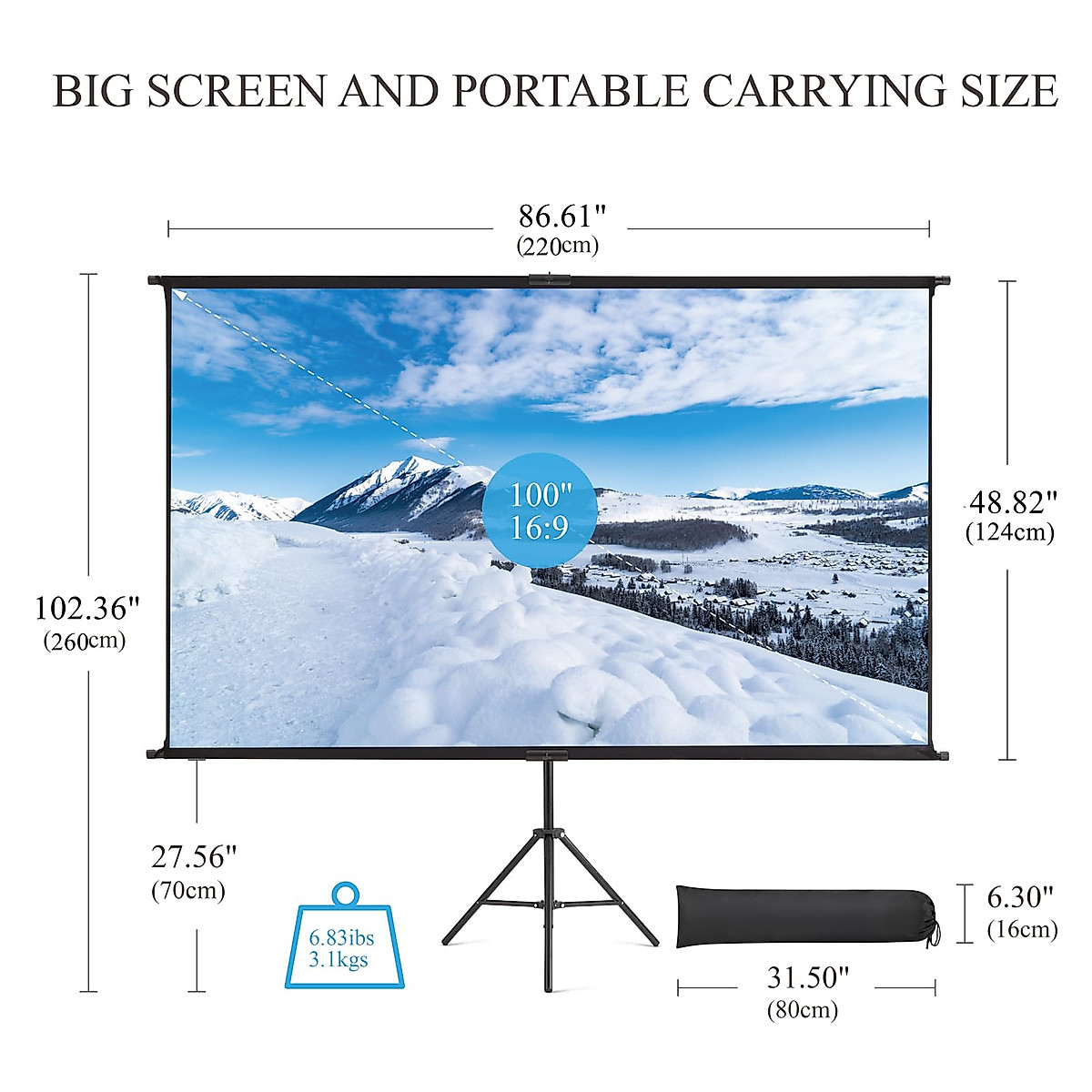 Portable Projector Screen with Stand, 100 inch 16:9, Outdoor Projector Screen, 2 in 1 Projection Screen, Foldable, Ironable and Washable, Idea for Home Cinema, Business, Backyard Party, Game.