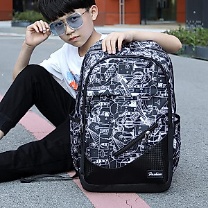 Ozmego Boys School Backpacks Midlle School College Bookbag for Teens Boys Girls (Black Print)