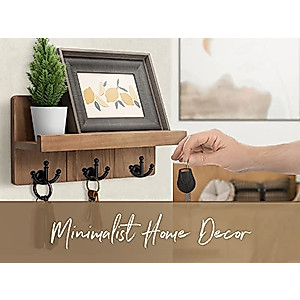 Rebee Vision Farmhouse Key Holder for Wall with Shelf: Decorative Mail Organizer and Key Rack Wall Mount with 3 Anchor Hooks - Rustic Entryway Decor (Retro Brown)