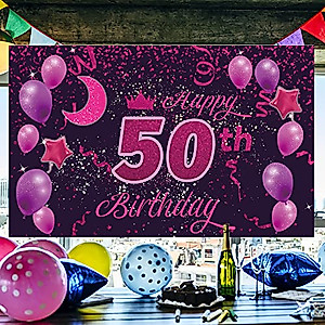 Sweet Happy 50th Birthday Backdrop Banner Poster 50 Birthday Party Decorations 50th Birthday Party Supplies 50th Photo Background for Girls,Boys,Women,Men - Pink Purple 72.8 x 43.3 Inch
