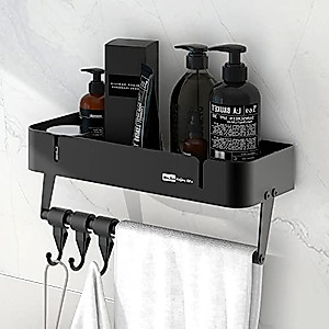 RCHYFEED 11.7”Shower Caddy with Towel Bar, Shower Organizer Adhesive,Metal Rustproof Bathroom Shower Shelf Rack with Hook, Drilling-Free Self Adhesive Storage Shelf for Bathroom & Kitchen(Black)