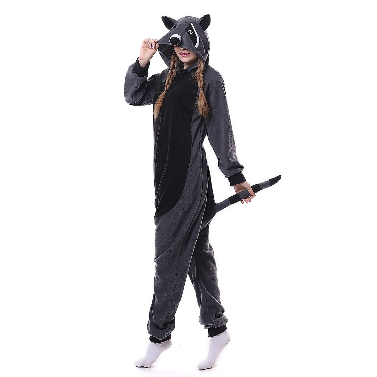 HANZEJINL Adult Animal Onesie, Raccoon Animal Halloween Costume, Unisex Jumpsuit One Piece Pajamas for Women and Men (RaccoonOnesie, S)