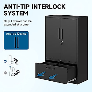 PEUKC Metal File Cabinet with Drawer, Lockable Vertical Lateral Filing Storage Cabinet, File Cabinet with Storage Cabinet for Home Office, Legal/Letter/A4 Size Steel File Storage Cabinet, Black