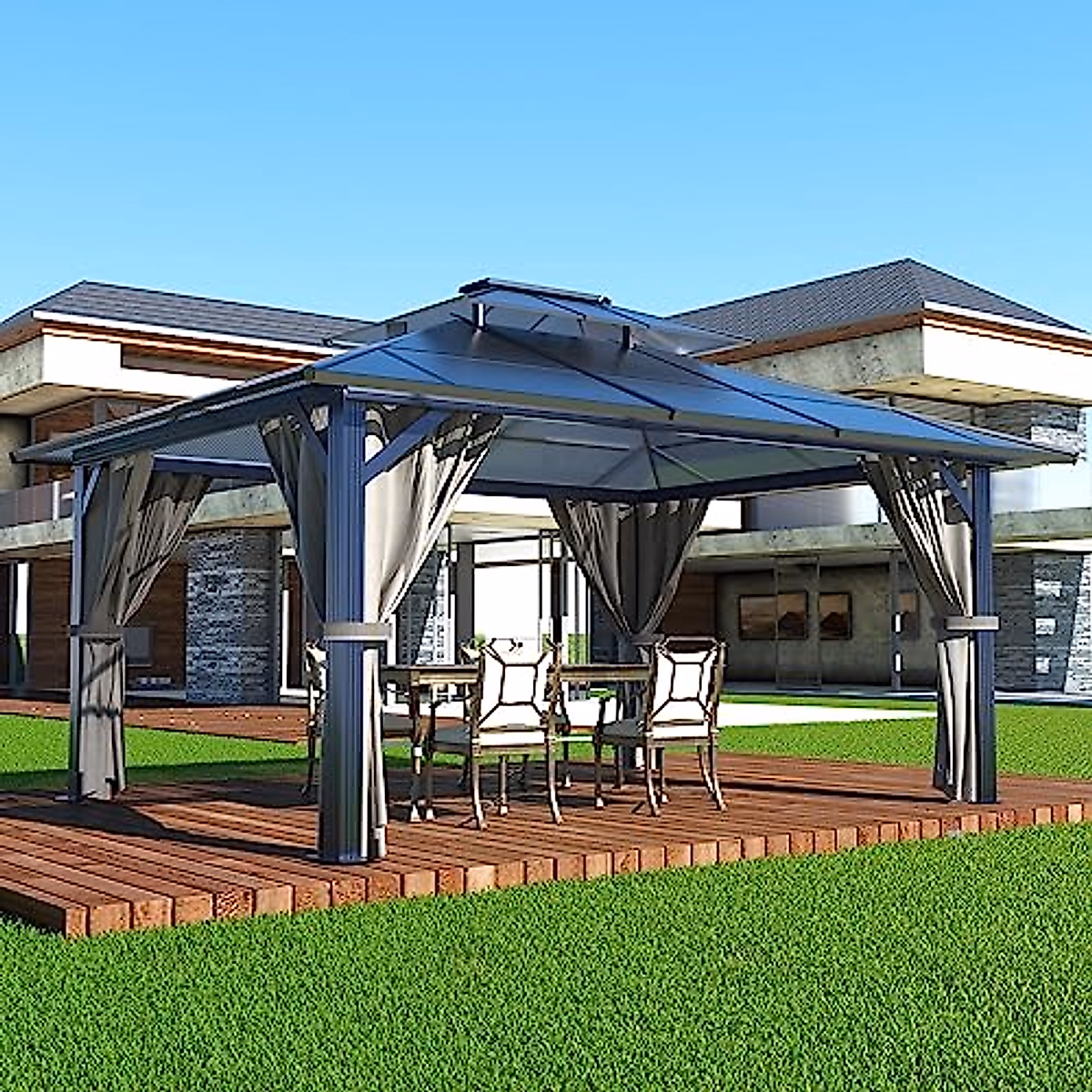 MUPATER 10x13FT Outdoor Polycarbonate Hardtop Gazebo with Double Roof Canopy, Aluminum Frame, Netting and Curtainsfor Patios, Deck, Lawns, Gardens