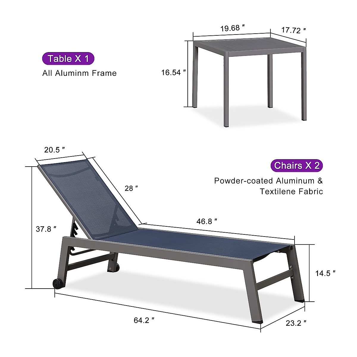PURPLE LEAF Outdoor Lounge Chair Set for 2 Aluminum Patio Chaise Lounger with Easy-to-Move Wheels and Adjustable Backrest Pool Reclining Lounge Chairs for Beach Yard Poolside Table Included, Navy Blue