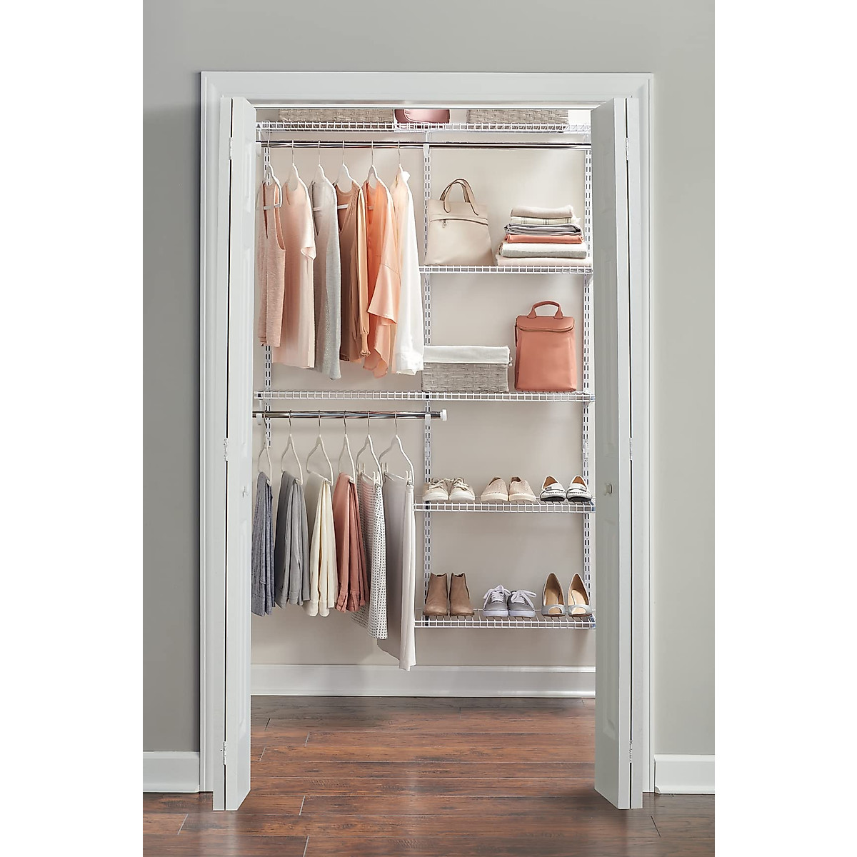 Rubbermaid Configurations Deluxe Closet Kit, White, 4-8 Ft., Wire Shelving Kit with Expandable Shelving and Telescoping Rods, Custom Closet Organization System, Easy Installation