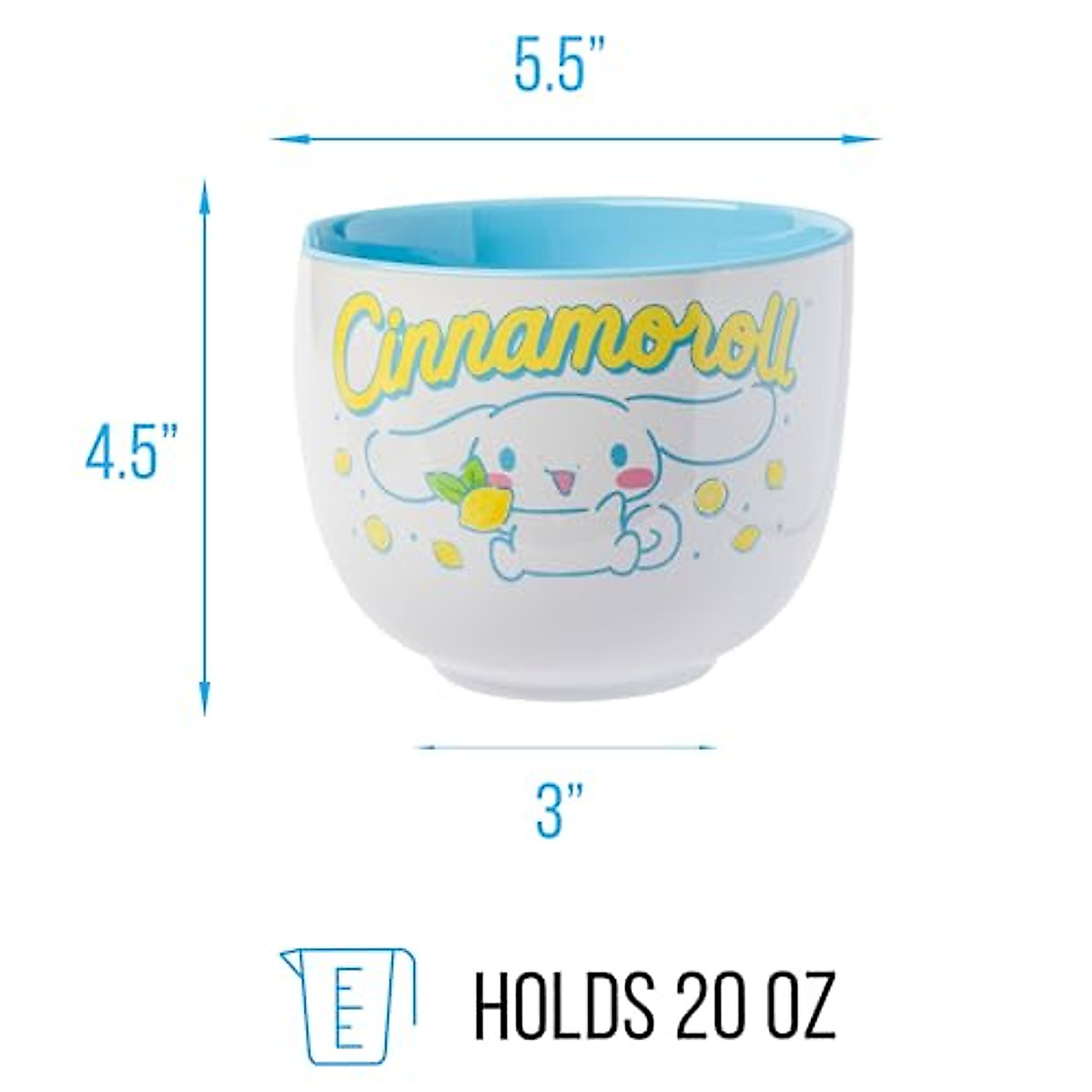 Silver Buffalo Sanrio Hello Kitty and Friends Cinnamoroll Lemons Ceramic Ramen Noodle Rice Bowl with Chopsticks, Microwave Safe, 20 Ounces