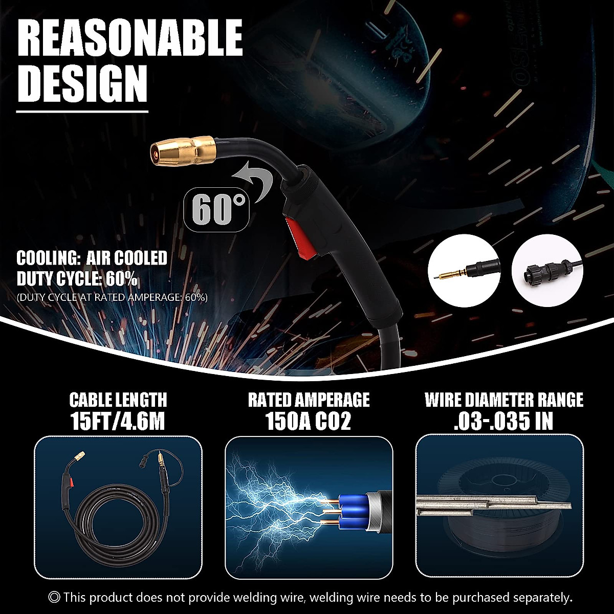 MULMART 15FT M-150 M-15 M15 M150 MIG Welding Gun Welding Torch Stinger Replacement for Miller 150A,Millermatic 90, 35/120 / 130 / 130XP /135 / 140s / 150/175 / 180s /185,Hobart IronMan 210