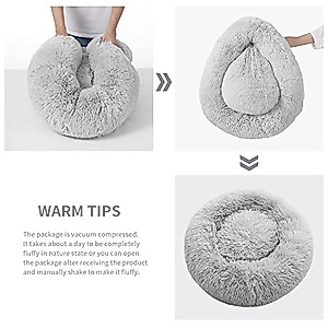 Calming Dog Bed for Medium Dogs, Anti Anxiety Donut Dog Bed, Round Dog Bed for Puppy, Plush Faux Fur Dog Bed, Fluffy Dog Bed, Soft Fuzzy Pet Bed, Machine Washable, 23x23inch Grey