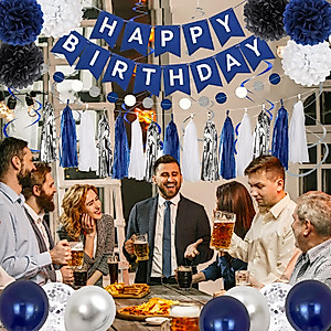 Birthday Decorations for Men,Blue Birthday Party Decorations for Boys with Happy Birthday Banner,Hanging Swirl,Circle Dots Garland,Tissue Pompoms,Tassels Garland for Birthday Party
