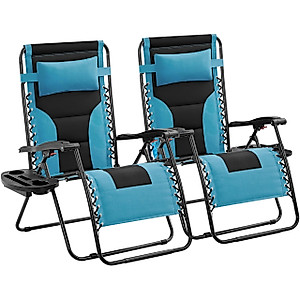 Yaheetech 29in Full Padded Zero Gravity Chair Oversized Outdoor Patio Folding Lounger Adjustable Portable Anti Gravity Recliner w/Carry Strap, Side Cup Tray, Pillow for Beach Yard Lawn Black/Aqua/2