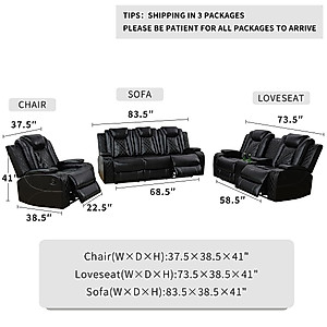 Dekmxas Living Room Sofa Set Black Breathing Leather Sofa Living Room Furniture Power Recliner Manual Adjustable Loveseat with Cup Holders/Storage Console/LED Light for Living Room, Office, Rv Car