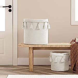 UBBCARE Decorative Cotton Rope Basket-14 x 15 in, Boho Woven Storage Basket with Tassel, Macrame Basket for Organizing Towels, Baby Toys, Cute Storage basket for Nursery
