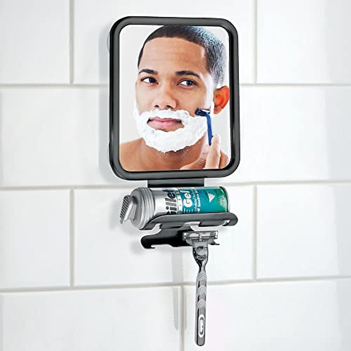 mDesign Large Modern Metal Suction Shaving Mirror Center for Bathroom Showers and Tubs - Holders for Shaving Cream and Razors - Matte Black