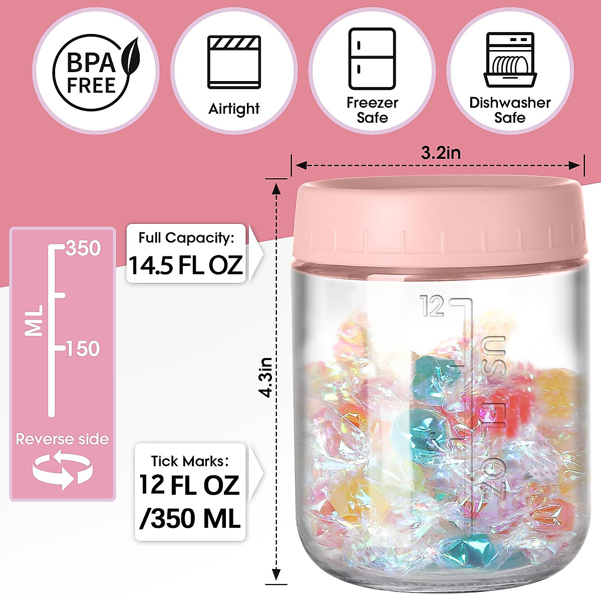 KITCHOP 4 Pack Overnight Oats Containers with Lids, Glass Jars with Lids, Mason Jars with Airtight Lids, Glass Storage Containers for Leftover, Breakfast and Lunch(14.5 oz)