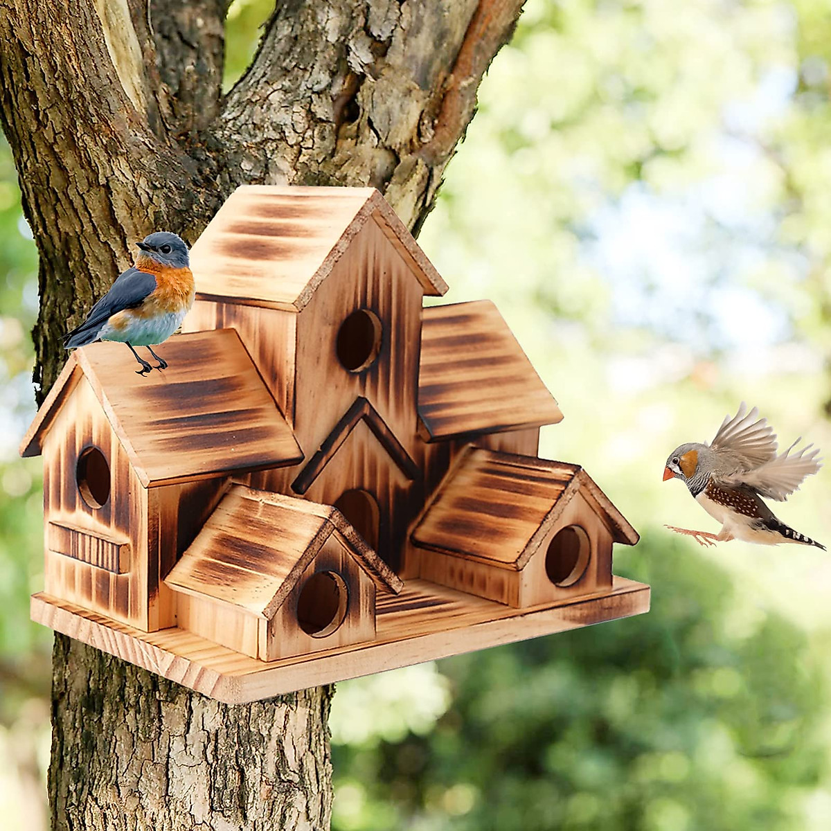 Bird Houses for Outside,Wooden Bird House,Hanging Bird House,6 Hole Natural Handmade Natural Bird House,Beautiful Birdhouses for Backyard/Courtyard/Patio Decor