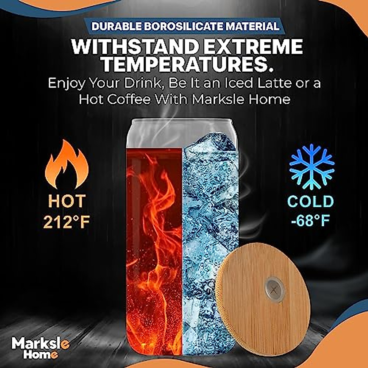 Marksle Home Glass Cups - Glass Cups With Lids And Straws - 16oz Iced Coffee Cup 4pcs Set - Glass Tumbler With Straw And Lid - Glass Coffee Cups - Ice Coffee Cup - Glass Cups With Bamboo Lids