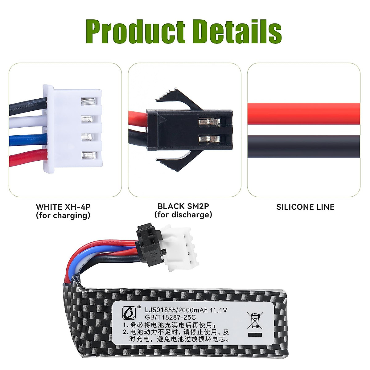 HYF 2 pcs 11.1V 2000mAh 501855 Soft-Gun Toy Rechargeable Li-ion Batteries SM2P Plug with a USB Charging Cable for WPL RES V-3 ESC 1/16 Crawler and Some Water-Gun Toy