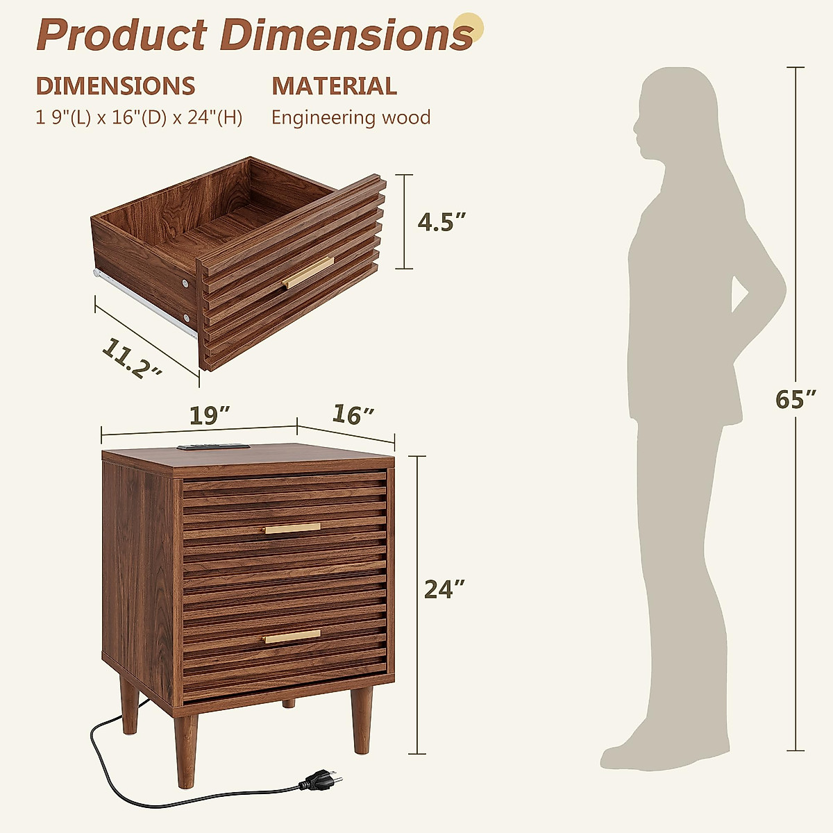 Alohappy Night Stand with Charging Station Set of 2, Bedside Table with 2 Drawers, Mid Century Modern End Table, Bed Side Table with USB Ports and Outlets, Nightstand for Bedroom, Brown 2pcs