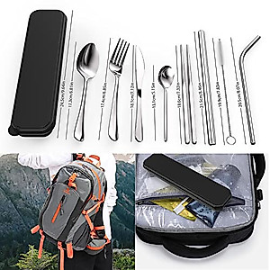 DAONG Portable Cutlery Set, Camping Cutlery Set, Travel Cutlery Set, Stainless Steel Table Cutlery Set, with Organiser for Home, Kitchen, School, Workplace, Lunch Box (Silver 9 pieces)