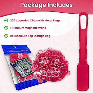 MR CHIPS Made in USA Upgraded Bingo Magnetic Wand & 200 Pieces ¾ Inch Pink Plastic Chips with Metal Rings - Support American Job