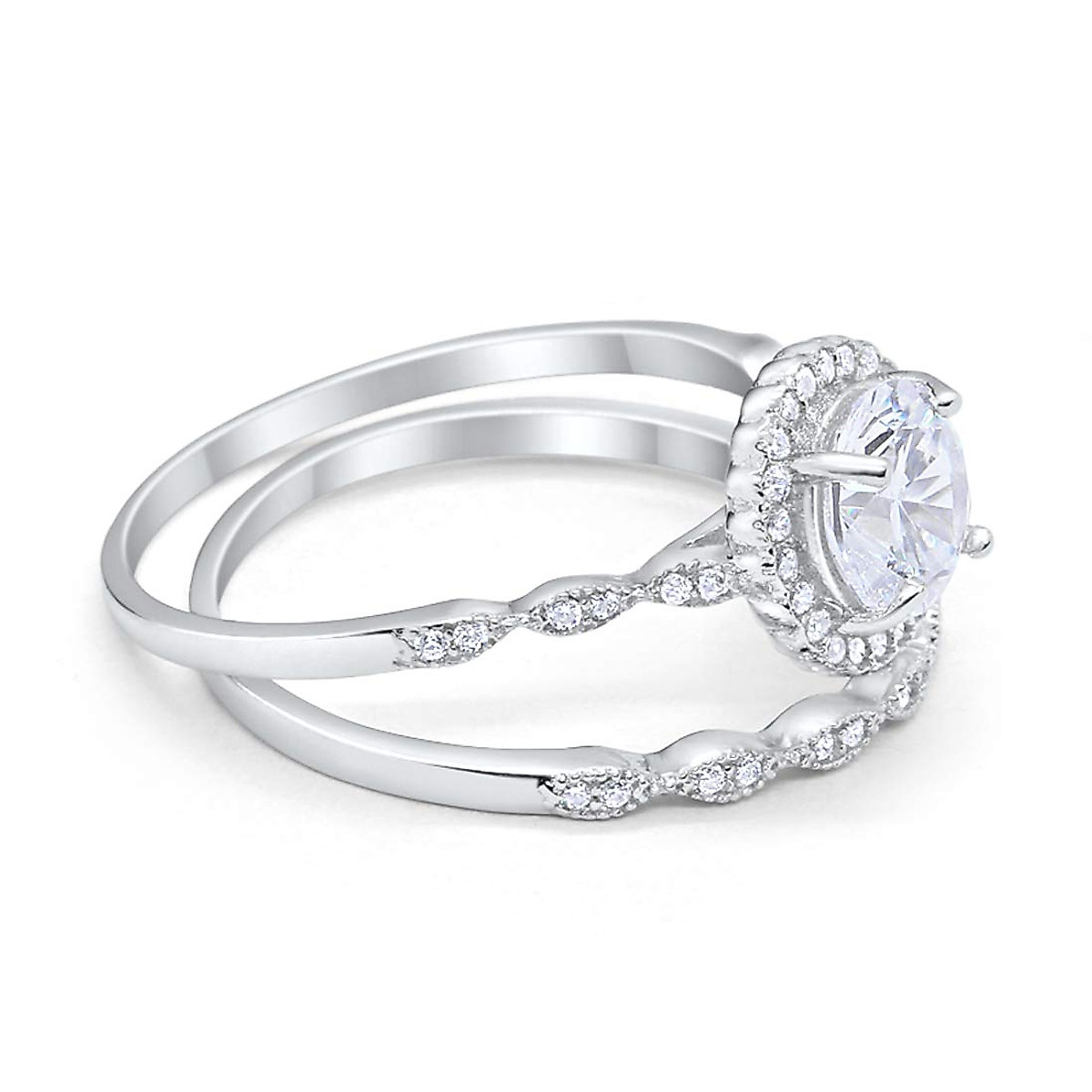 Blue Apple Co. Simulated Cubic Zirconia Size-7 Two Piece Art Deco Halo Wedding Engagement Band Ring Round CZ 925 Sterling Silver