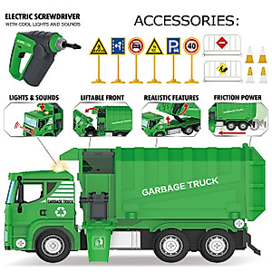 Garbage Truck Toy - 116 Pcs Friction Power Take Apart Toy STEM Toys w/Drill, Push & Go Lights & Sounds, Sanitation Trash Trucks City Vehicle Playset for Kids Toddlers Boys Ages 3 4 5 6 7 8 Years Old
